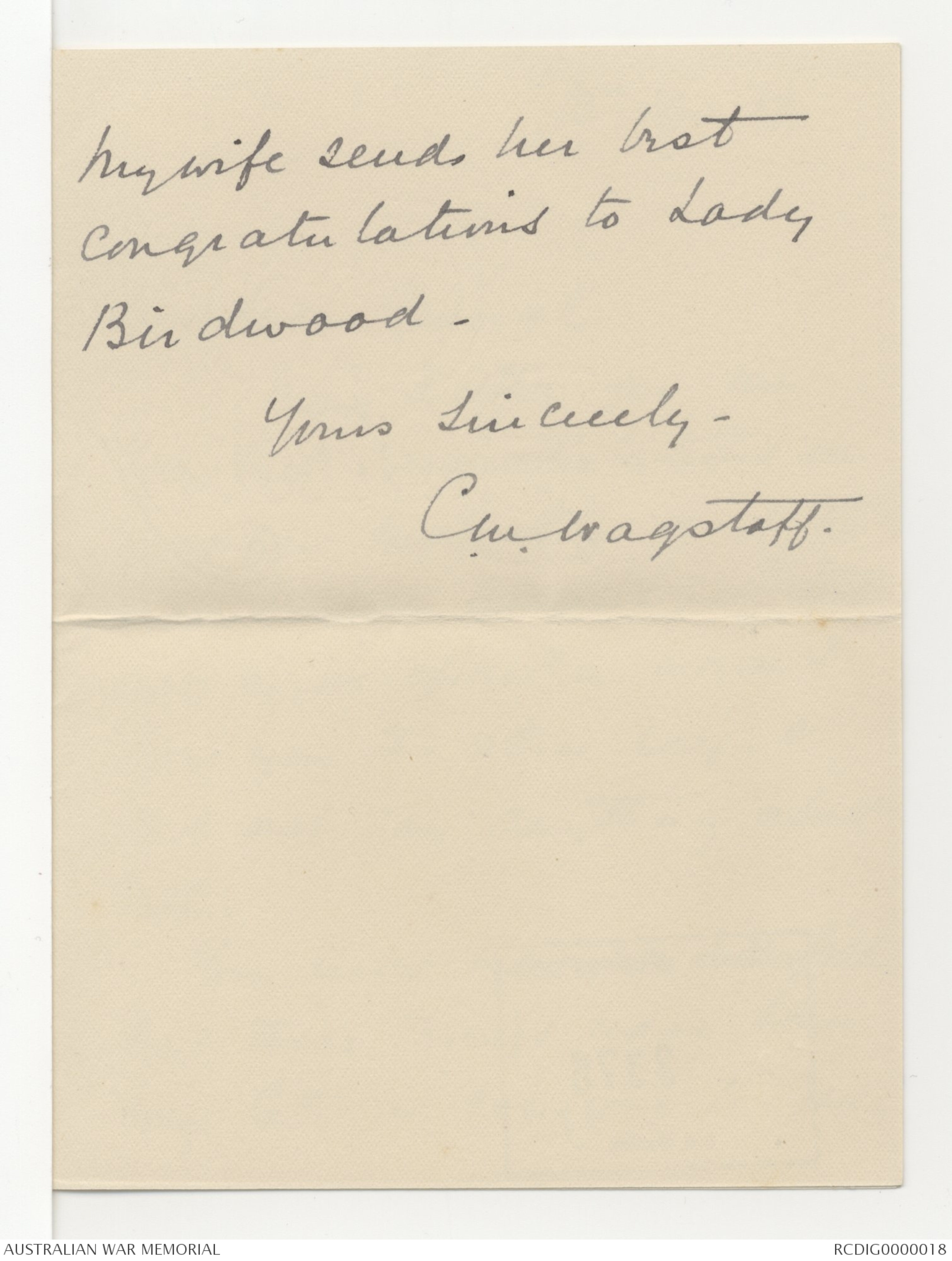 Letters received by Field Marshal Lord William Birdwood, 3 January 1917 ...