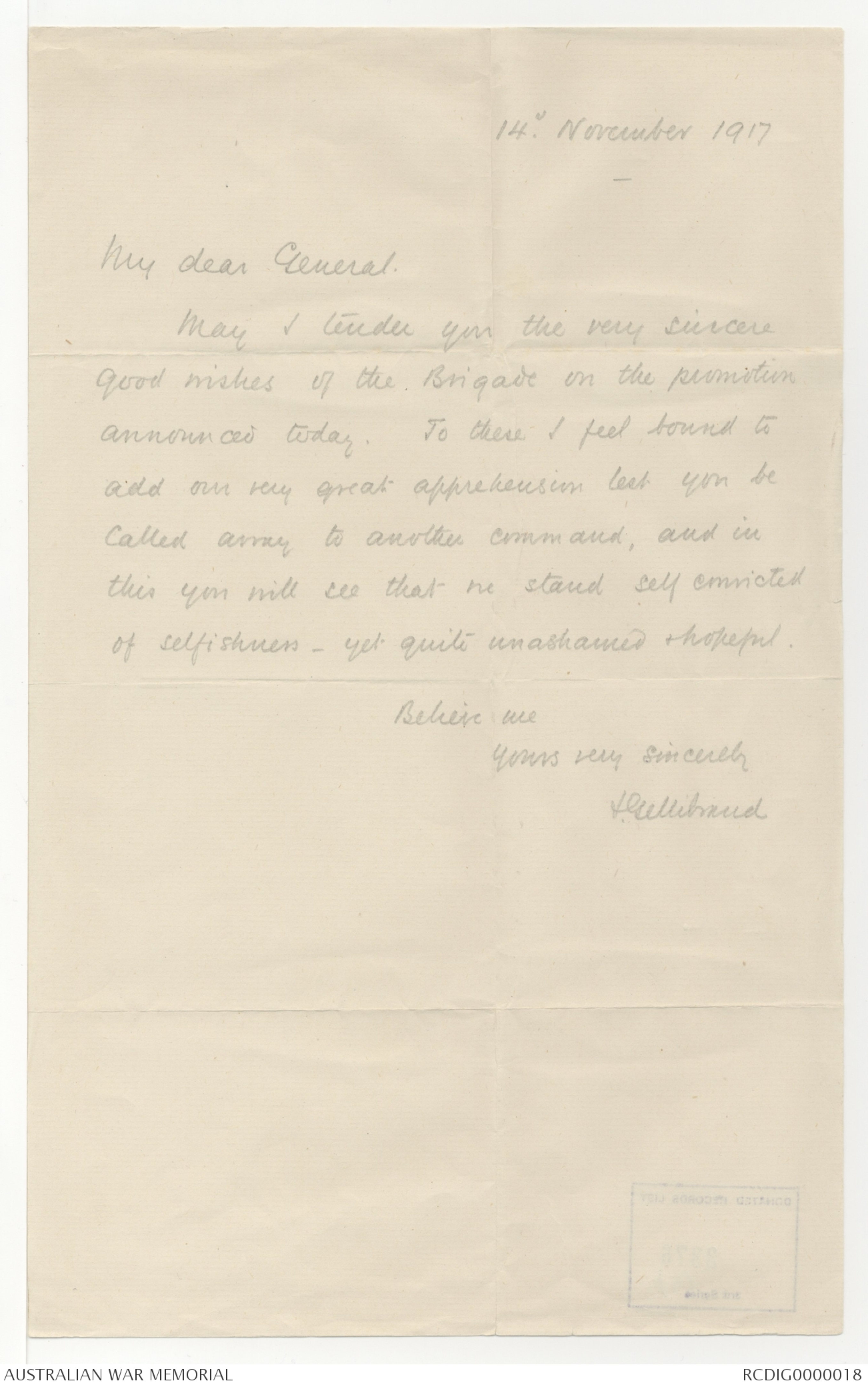 Letters received by Field Marshal Lord William Birdwood, 3 January 1917 ...