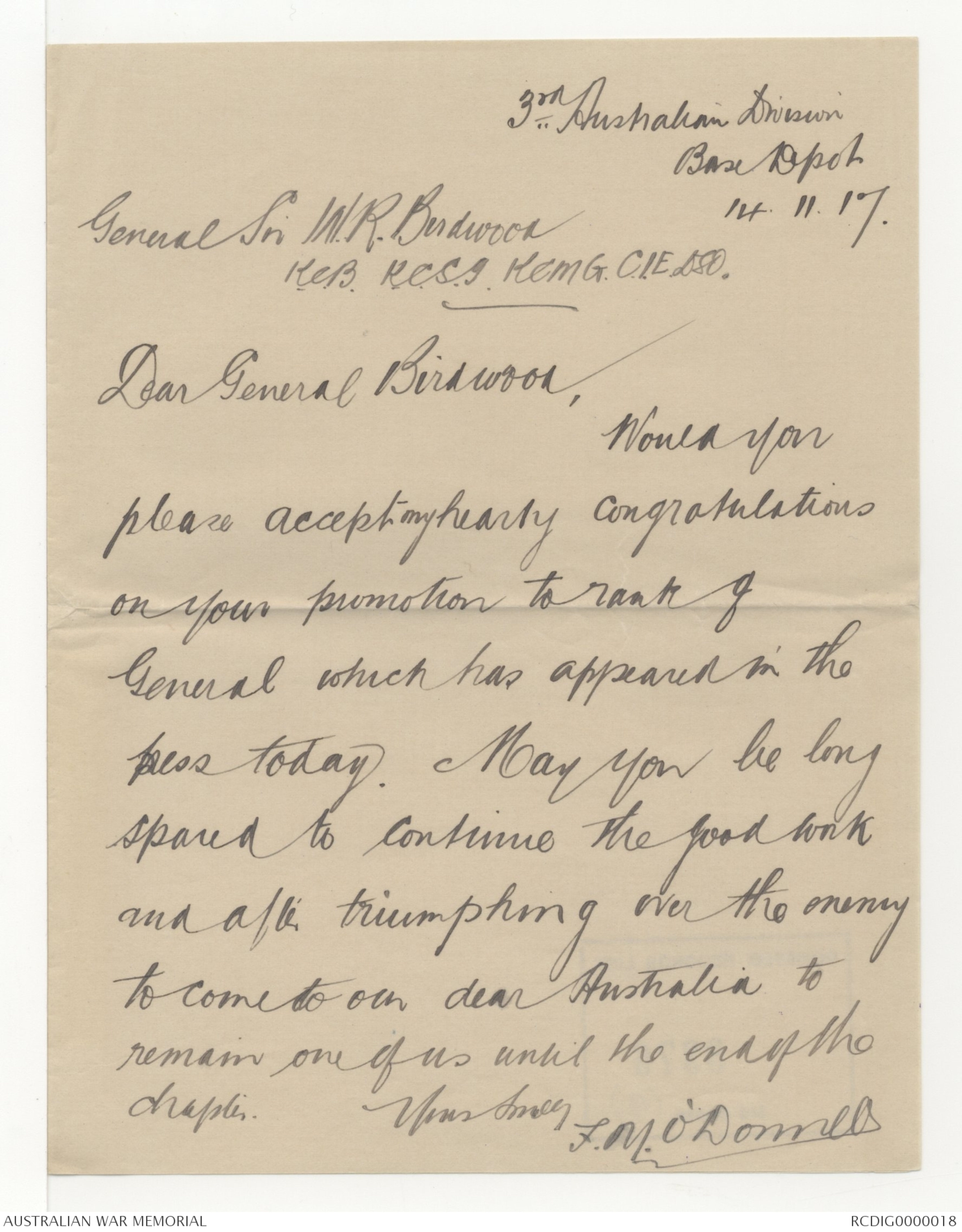 Letters received by Field Marshal Lord William Birdwood, 3 January 1917 ...