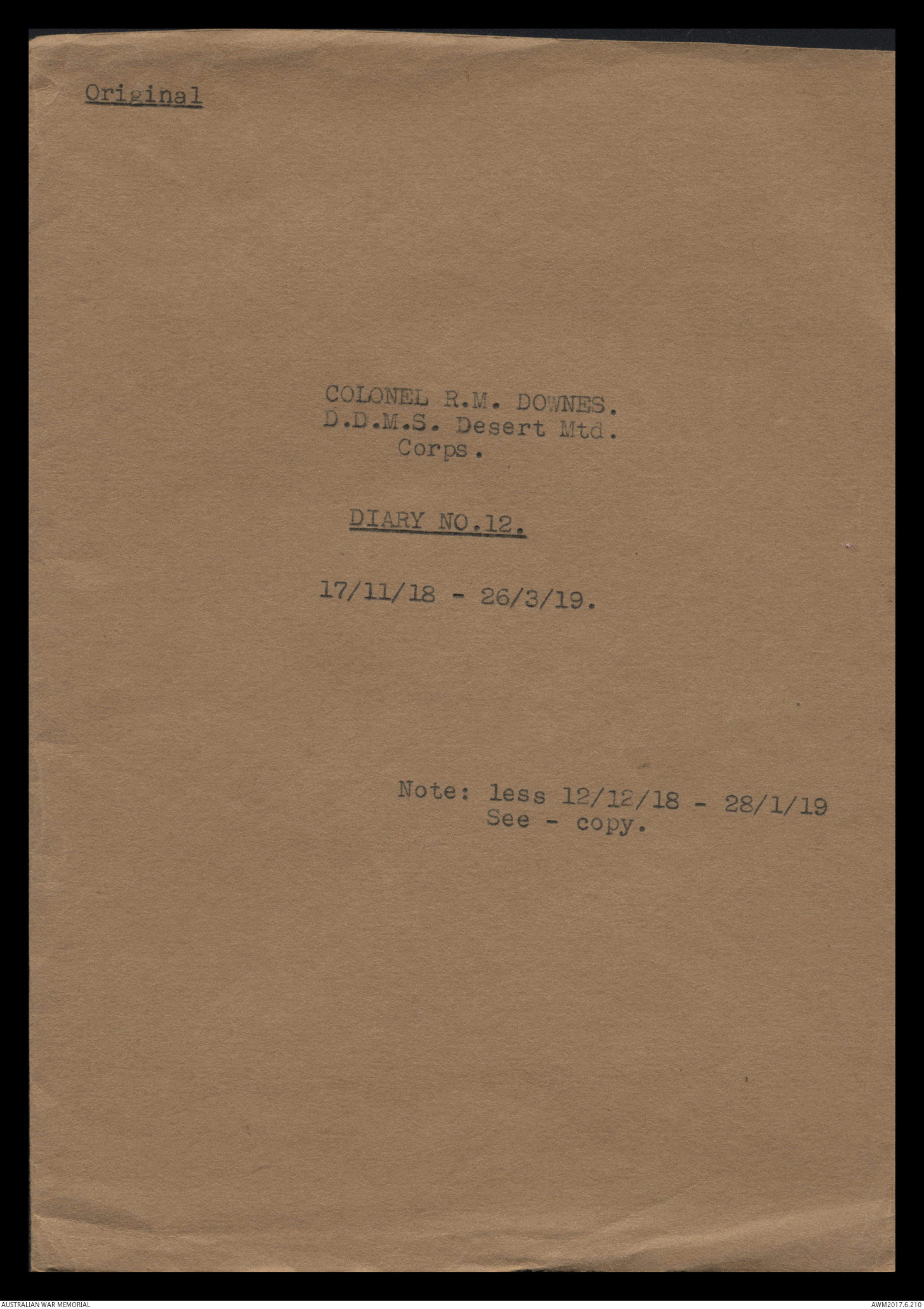 Diary No.12 of Rupert Major Downes, 17 November 1918 - 26 March 1919 ...