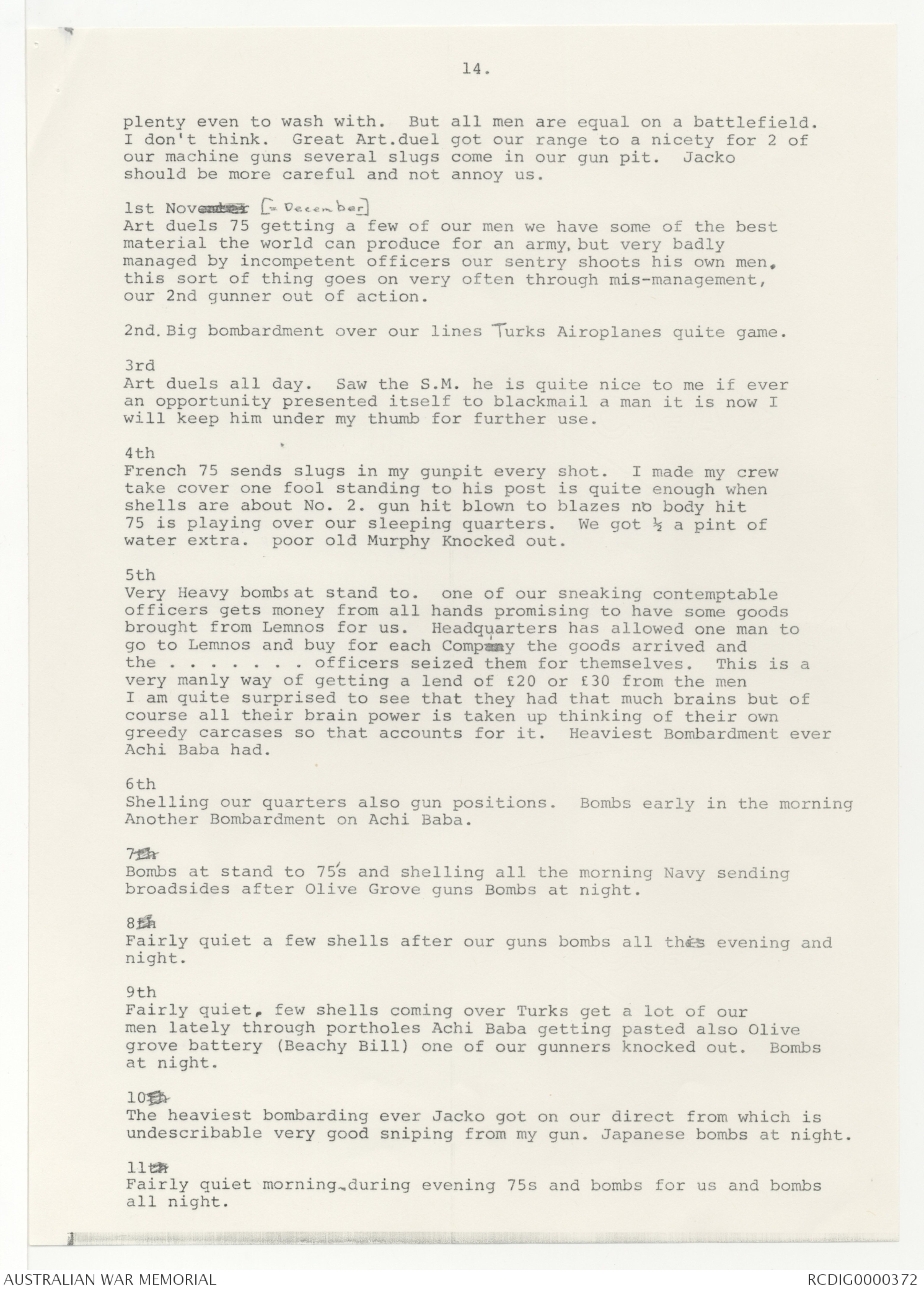 Typed transcript of diary of John Kingsley Gammage, 1915 - 1916 - Part ...