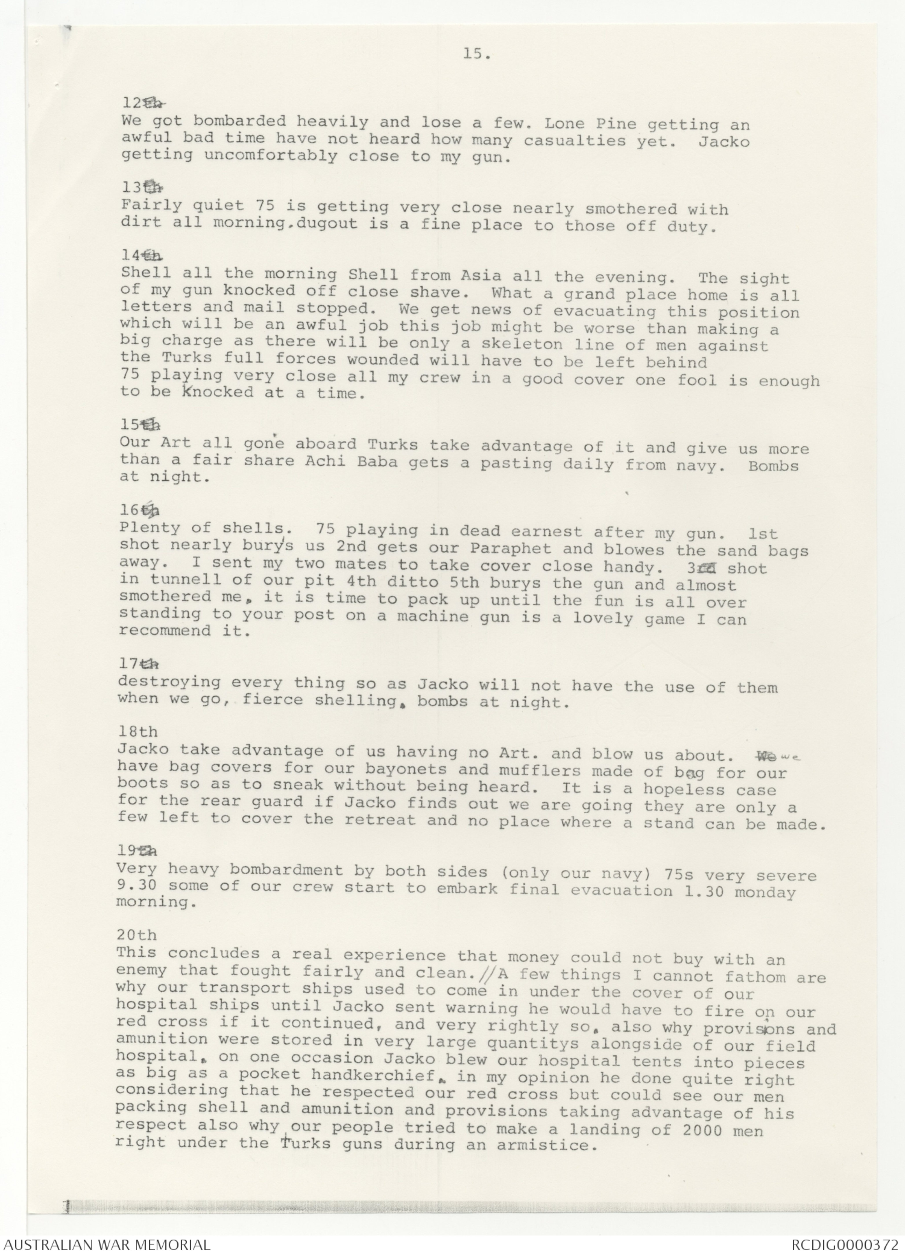 Typed transcript of diary of John Kingsley Gammage, 1915 - 1916 - Part ...